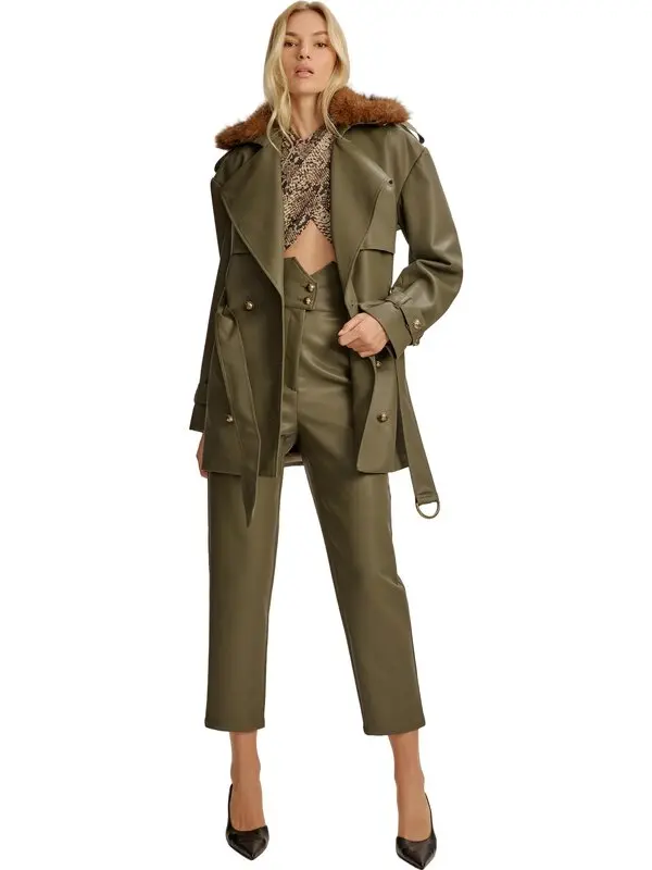 Bardot Vegan Leather & Faux Fur Collar Trench Coat - Olive