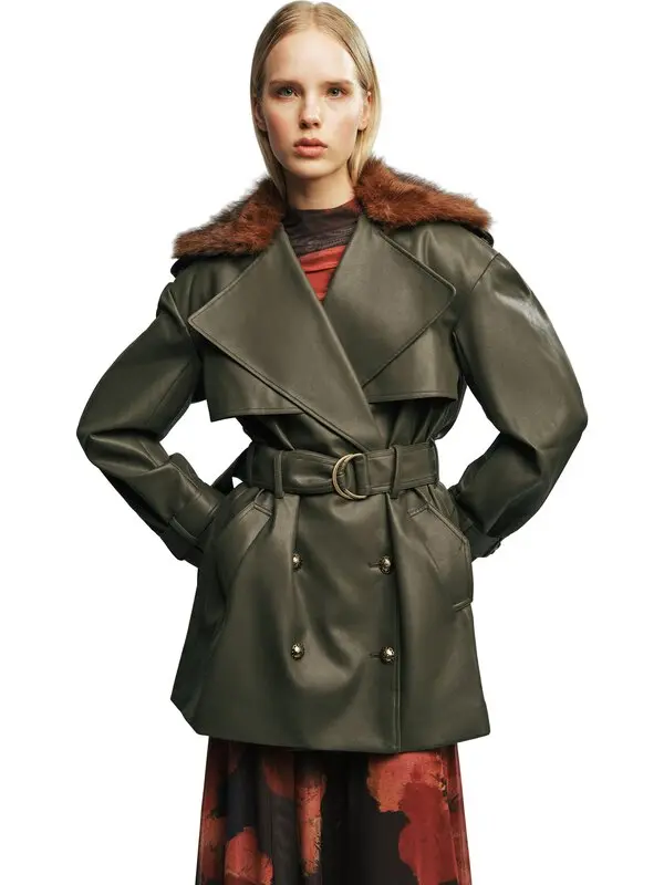 Bardot Vegan Leather & Faux Fur Collar Trench Coat - Olive