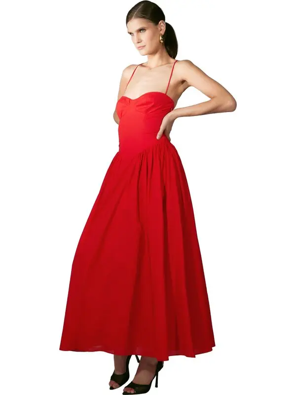 Bardot Estie Cotton Maxi Dress With Sweetheart Neckline And Halter Straps - Fire Red