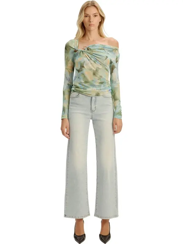 Bardot Marisol Asymmetric Mesh Top With Abstract Detail - Green Flo