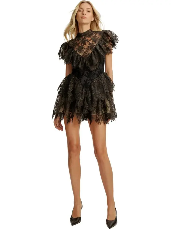 Bardot Tarryn Ruffle Lace Mini Dress - Black