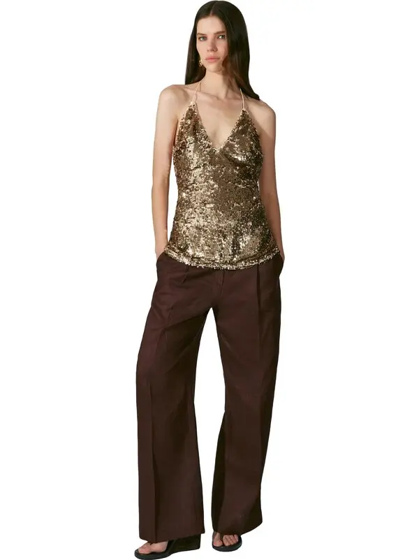 Bardot Lennon Halter Neck Cami Sequined, V-neck, Open Back - Soft Gold