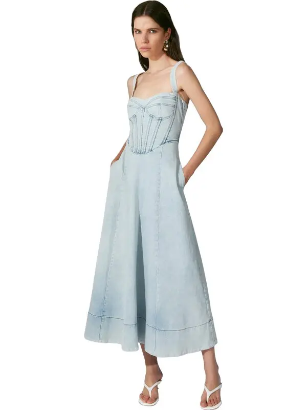 Bardot Lilah Denim Corset Midi Dress With Wide Straps And Contrast Topstitching - Light Dnm
