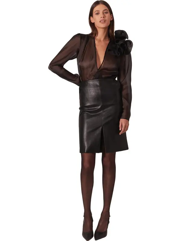 Bardot Briar Vegan Leather Midi Skirt With Front Split - Black