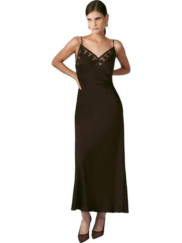 Bardot Bonita Lace Trim Maxi Slip Dress - Dark Choco