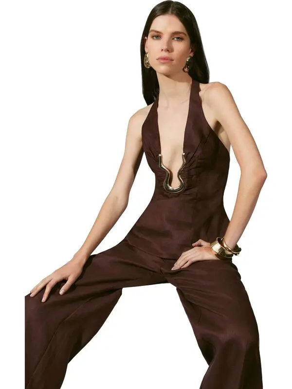 Bardot Cavarly Linen Halter Top - Chocolate