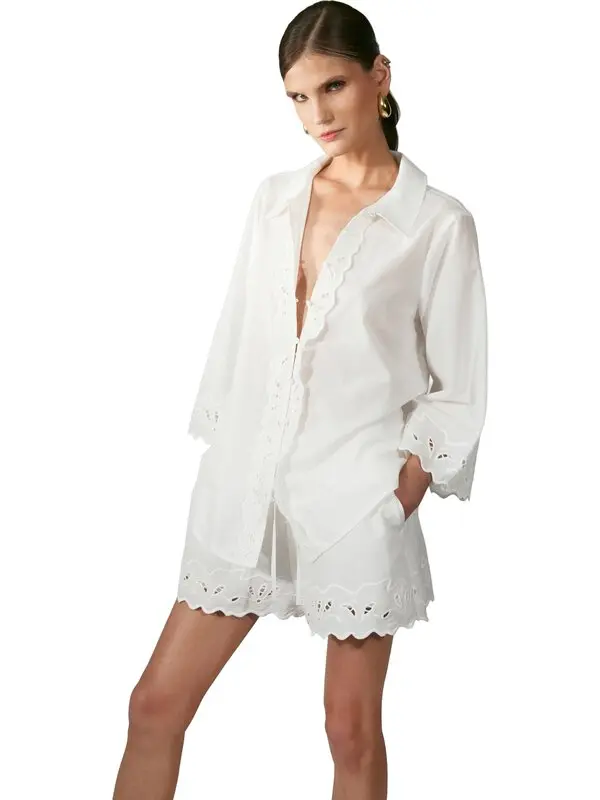 Bardot Aleria Cotton Shirt With Embroidered Trim - Orchid Wht