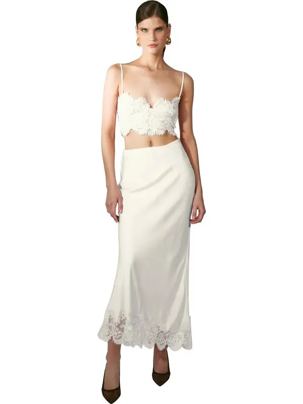 Bardot Elisan Lace Trim Satin Midi Skirt - Ivory