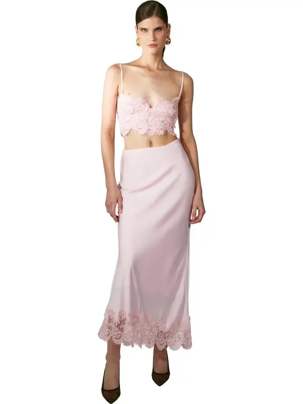 Bardot Elisan Lace Satin Midi Skirt - Petal Pink