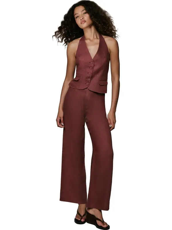 Bardot Domenica Mid Rise Linen Full Length Pants - Chestnut