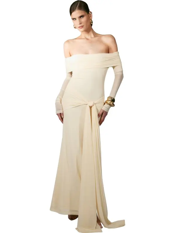 Bardot Selina Off-shoulder Tie Front Mesh Maxi Dress - Buttercup