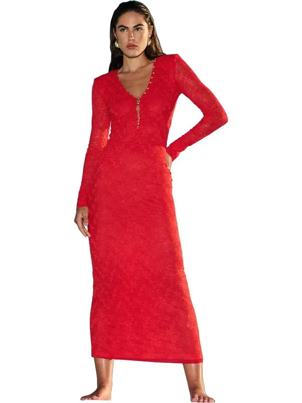 Bardot Zenia Long Sleeve Lace Midi Dress - Fire Red