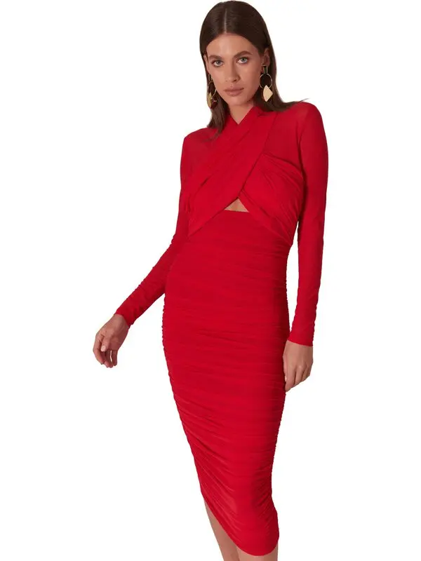 Bardot Aliyah Sheer Sleeve Cut-out Ruched Midi Dress - Fire Red