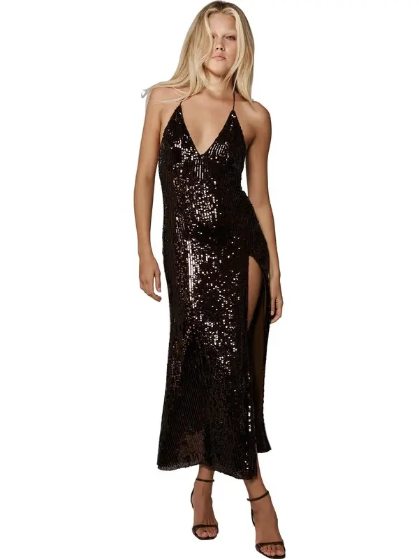 Bardot Santina Sequin Halter Maxi Dress - Chocolate