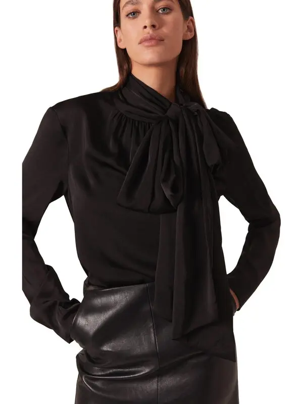 Bardot Castian Satin Blouse With Pussy Bow Neckline - Black