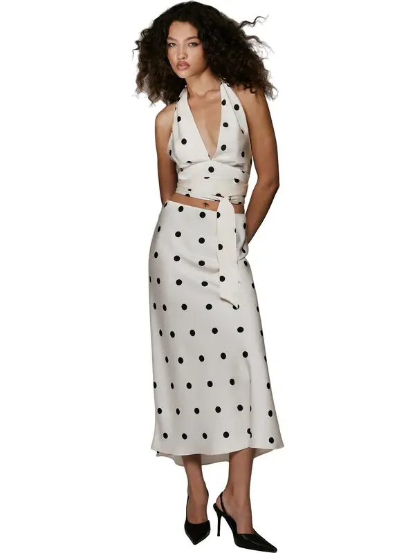 Bardot Phoebe Satin Midi Skirt With Polka Dot Print - Black Spot