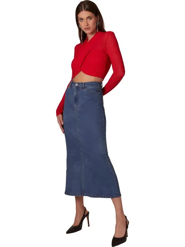 Bardot Aliyah Sheer Mesh Overlay Wrap Top - Fire Red