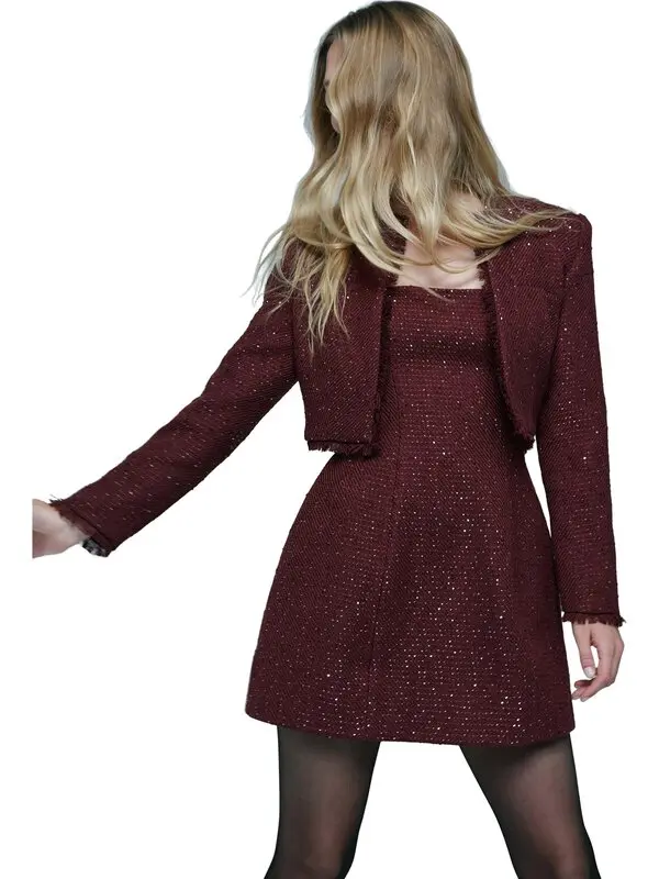 Bardot Nevelle Boucle Cropped Jacket With Fringe Trim - Burgundy