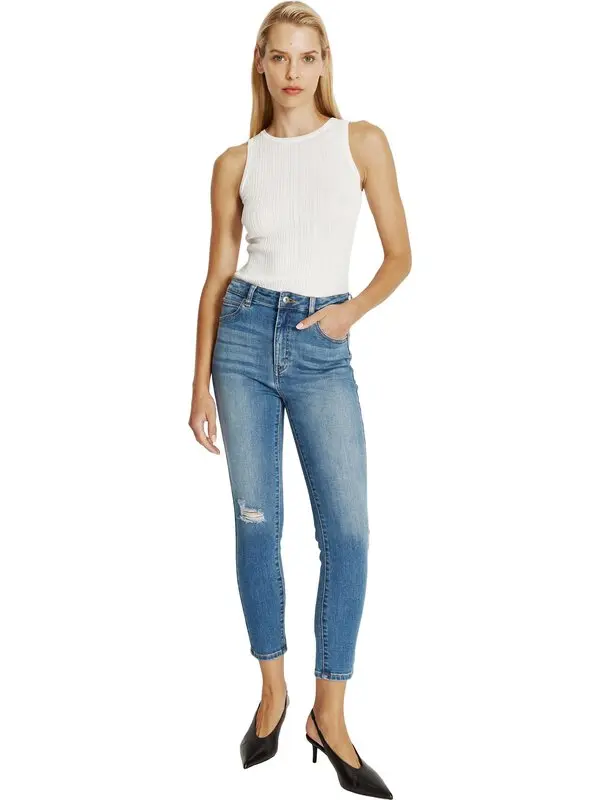 Bardot Khloe Hi Crop Skinny Jeans With Distressed Detailing - Dark Denim