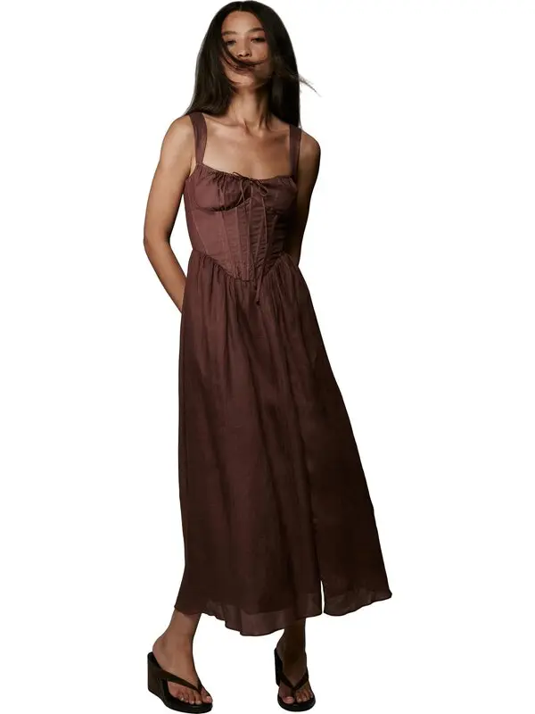 Bardot Esra Midi Dress Corset Bodice & Full Skirt - Chocolate