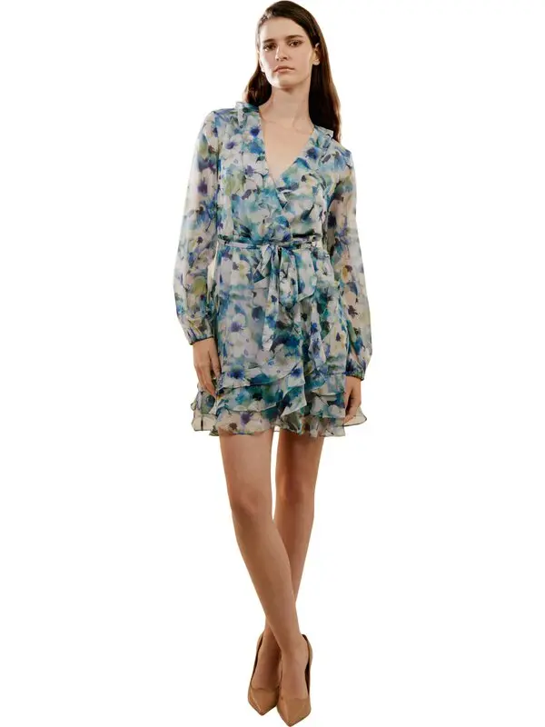 Bardot Floral Print Chiffon Triple Frill Wrap Mini Dress - Blu Florl