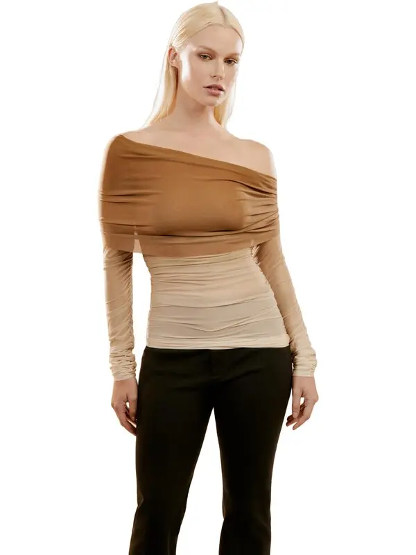 Bardot Camelia Off-the-shoulder Mesh Top - Brown Omb
