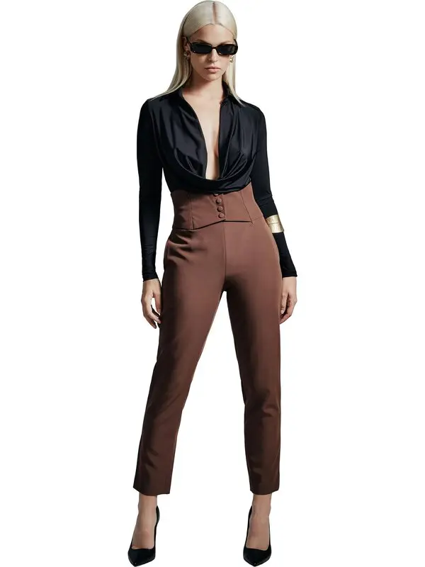Bardot Corset Waist Full Length Slim Leg Pants - Chocolate