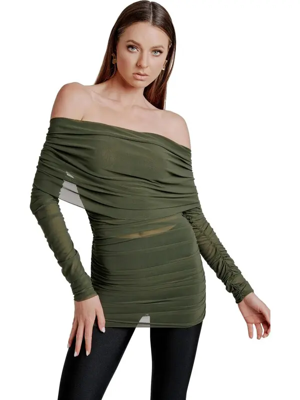 Bardot Camelia Mesh Off-the-shoulder Top - Khaki