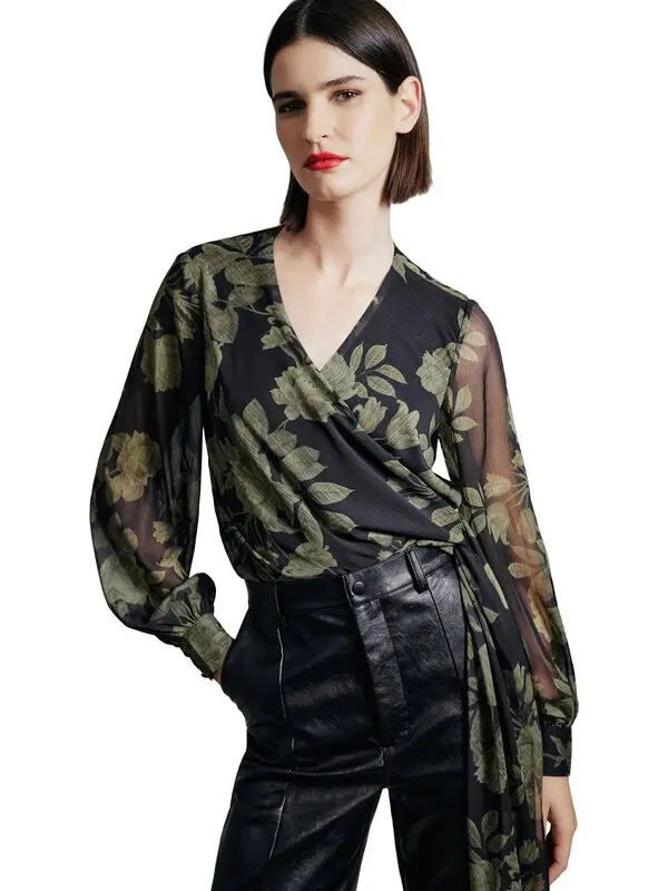 Bardot Diana Printed Wrap Top With Balloon Sleeves - Green Flo