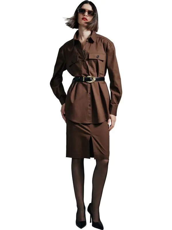 Bardot Tybi Cotton Blend Shirt With Classic Collar And Chest Pockets - Chocolate