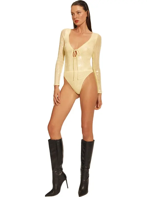 Bardot Verona Sequin Bodysuit With Plunge Neckline And Open Back - Canary Ylw