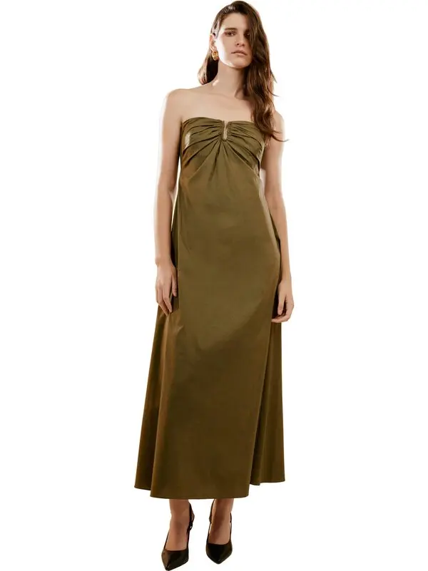 Bardot Strapless Maxi Dress With U-ring Detail - Khaki