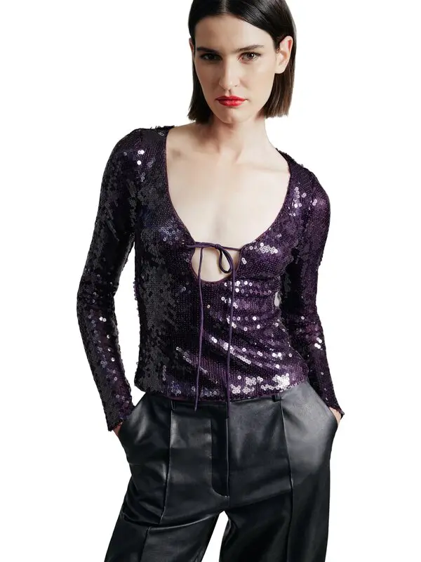 Bardot Verona Sequin Top With Keyhole And Tie Detail - Purple