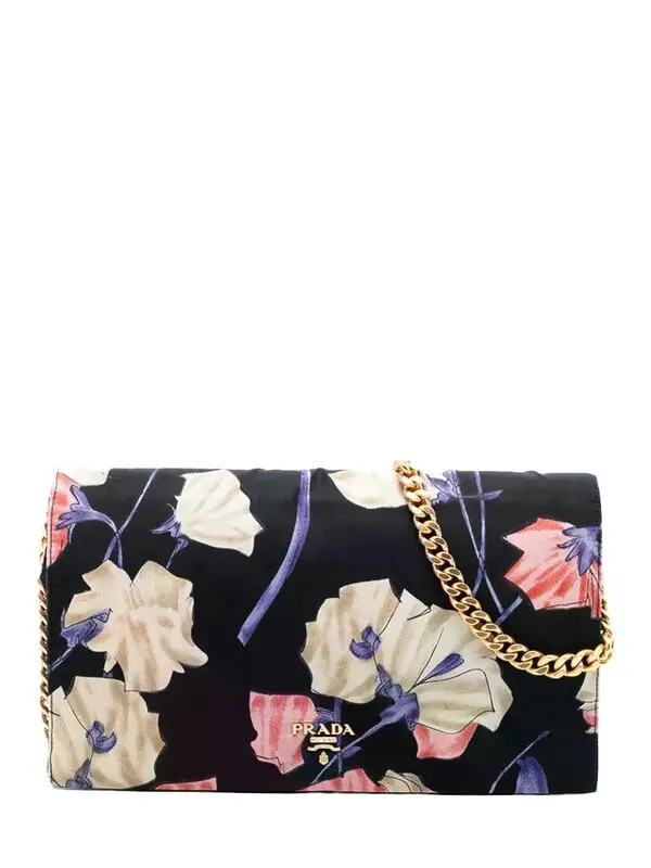 Prada Tessuto Floral Print Chain Crossbody Bag - Black