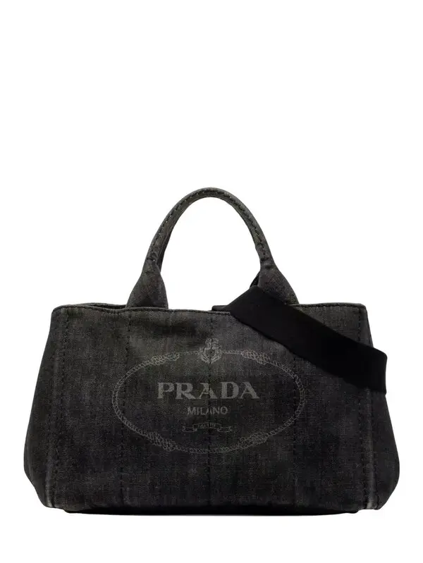 Prada Denim Canapa Logo Satchel - Grey