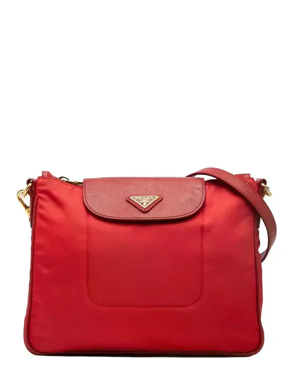 Prada Saffiano Trimmed Tessuto Crossbody Bag - Red