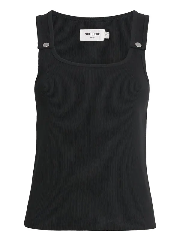 Still Here Ribbed Stretch Cotton Snap Tank Top - Black