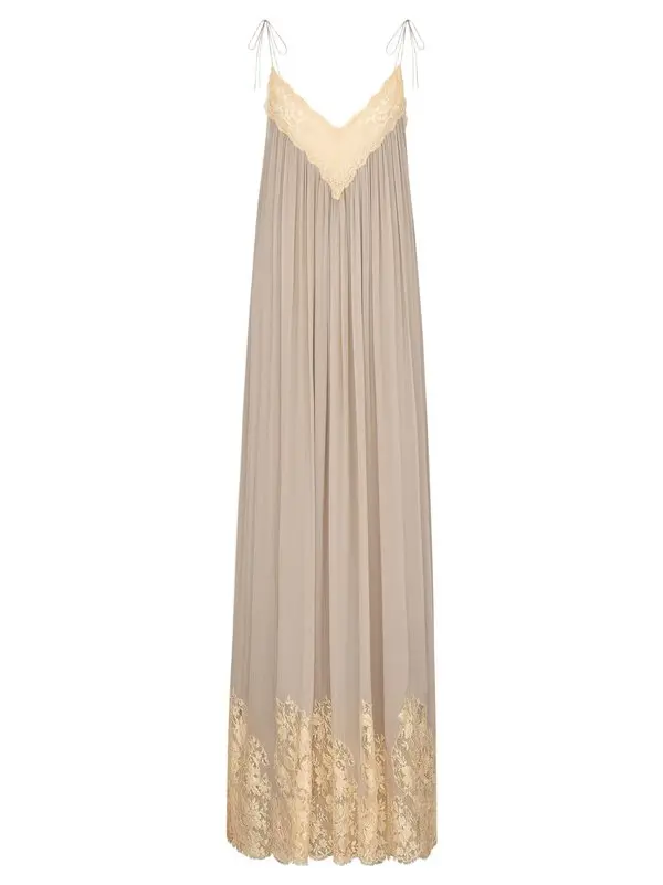 Saint Laurent Gathered Silk Crepe Muslin And Lace Maxi Dress - Gris Perle
