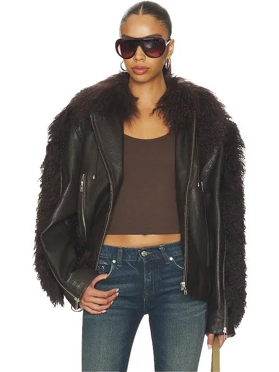 MANOKHI Jade Leather Coat With Faux Fur Trim - Brown