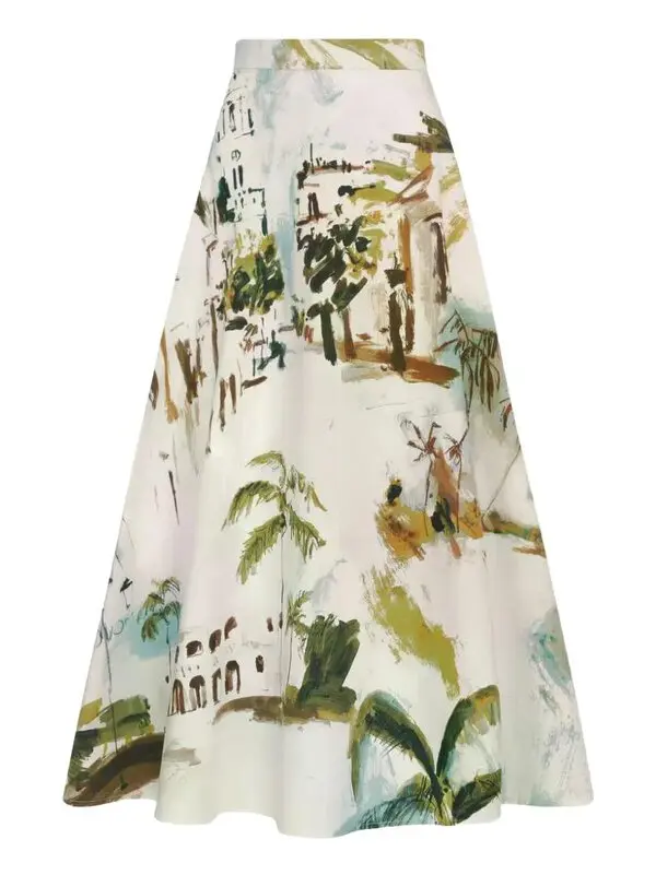 Oscar De La Renta Dominican Landscape Cotton Poplin Skirt - Neutrals