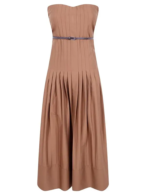 SEMICOUTURE Cotton Popeline Midi Dress With Belt - Brown