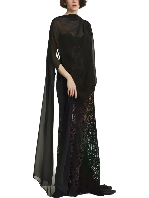 2310 STUDIO Sheer Lace-overlay Draped Cape - Black