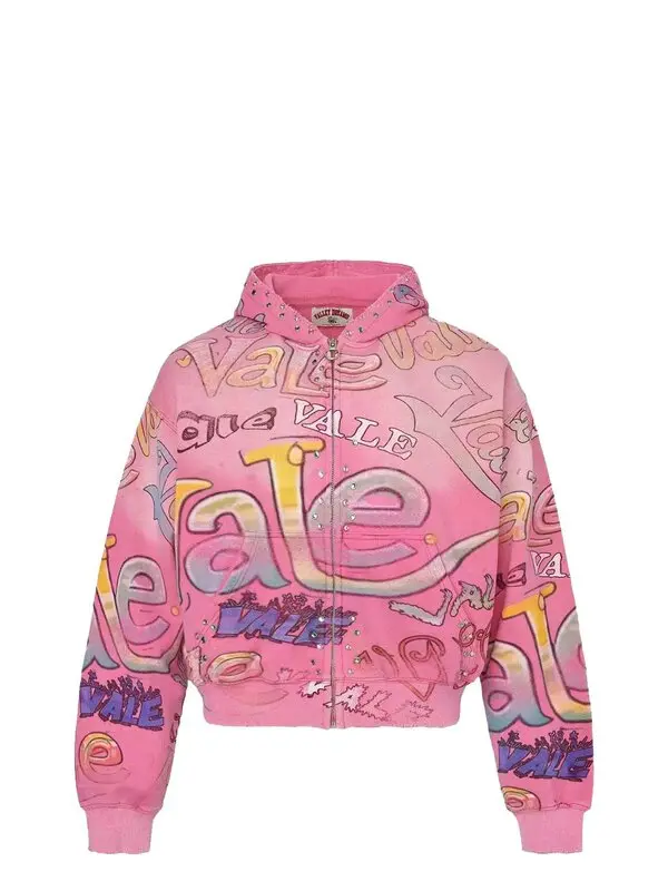 VALE FOREVER Crystal Embellished Graffiti Print Zip Hoodie - Pink