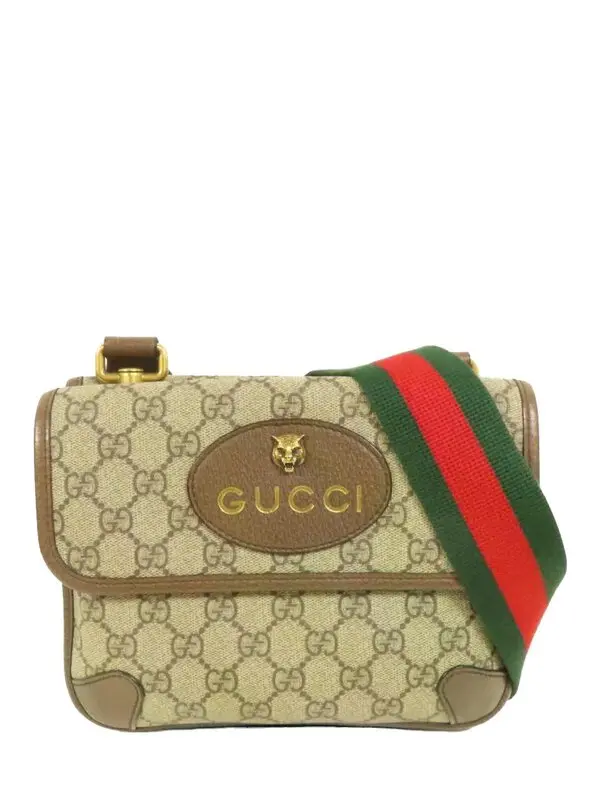Gucci Gg Canvas Shoulder Bag With Tiger Head Plaque - Neutrals