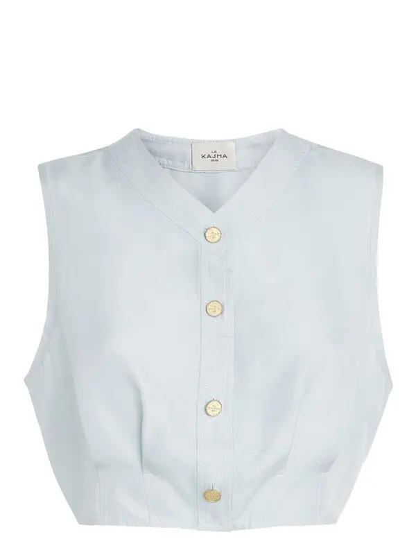 Le Kasha Silk Haima Cropped Button-up Top - Blue