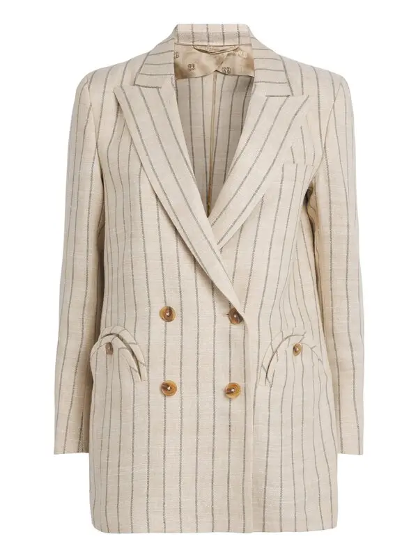 BLAZÉ MILANO Linen-blend Pinstripe Double Breasted Blazer - Beige