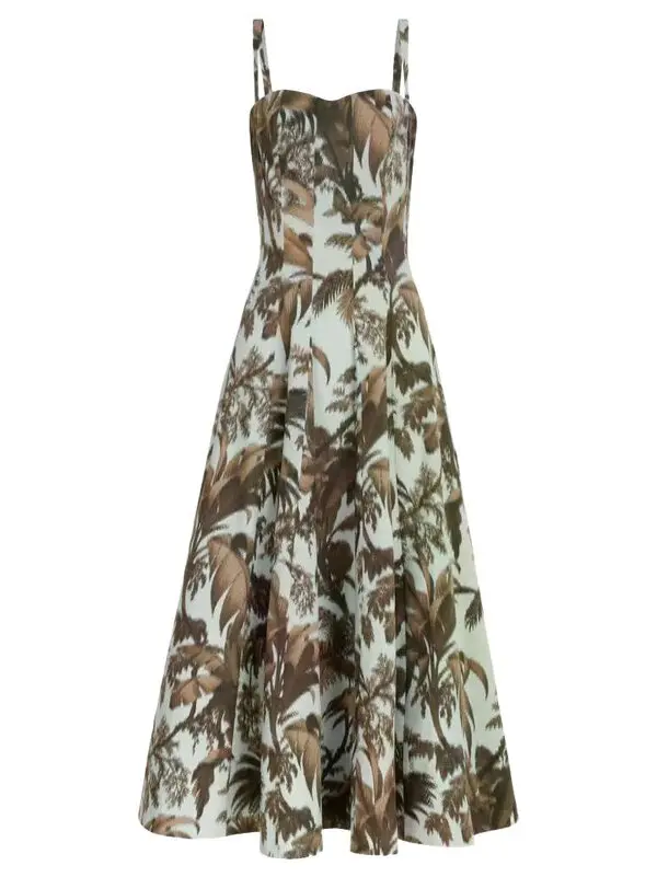 Oscar De La Renta Chiné Palm Leaves Cotton Poplin Dress - Blue