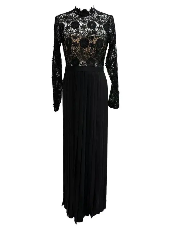 SELF-PORTRAIT Mia Lace-accent Pleated Maxi Dress - Black