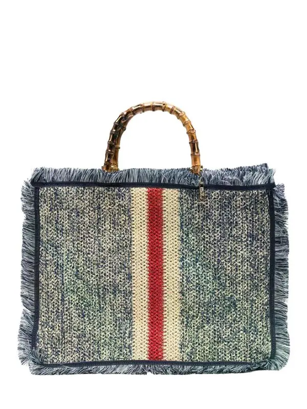 LA MILANESA Large Woven Tote Bag With Bamboo Handles And Fringe Trim - Blue