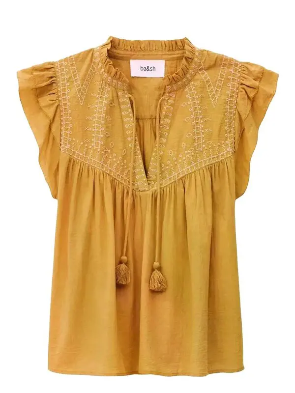 Ba&sh Embroidered Ruffled Blouse - Yellow